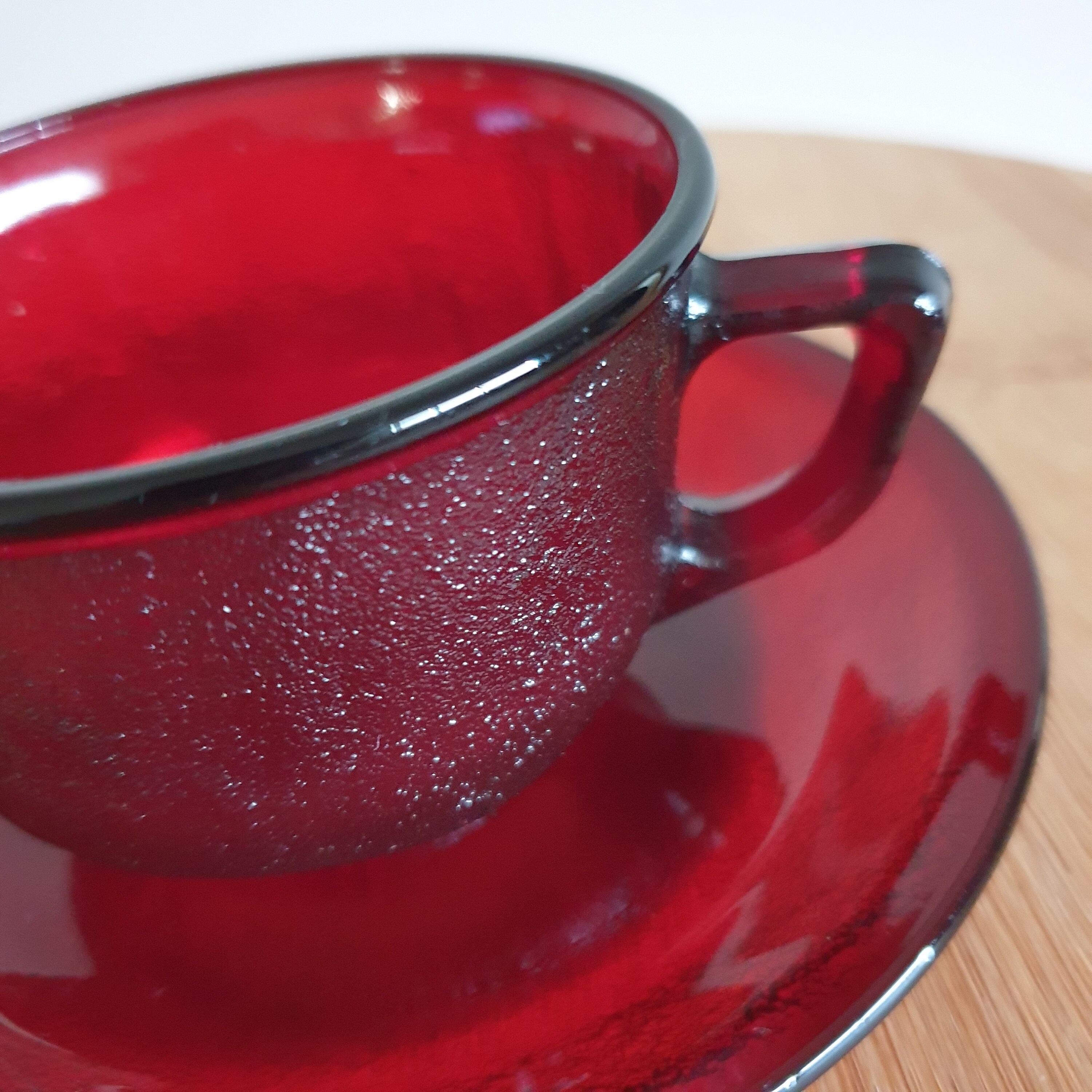 6 Vintage Red Textured Glass Cups And Saucers. Ruby Red | Etsy