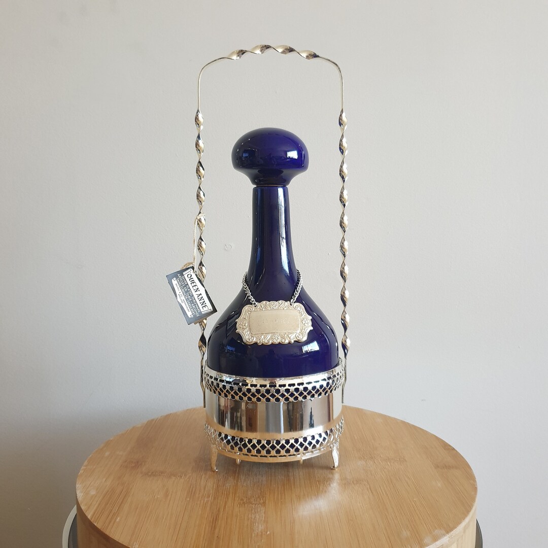 Vintage Queen Anne Decanter. Blue Glass Decanter With A Silver Plated ...