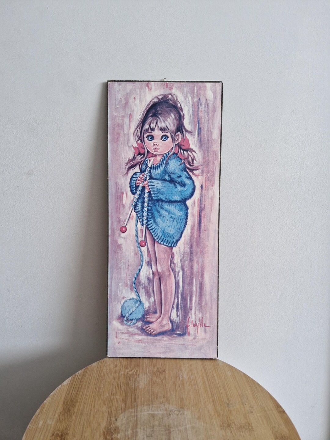 Vintage 1960s F Idylle Wide Big Eyes Girl Knitting. Wide Eye Kitsch ...