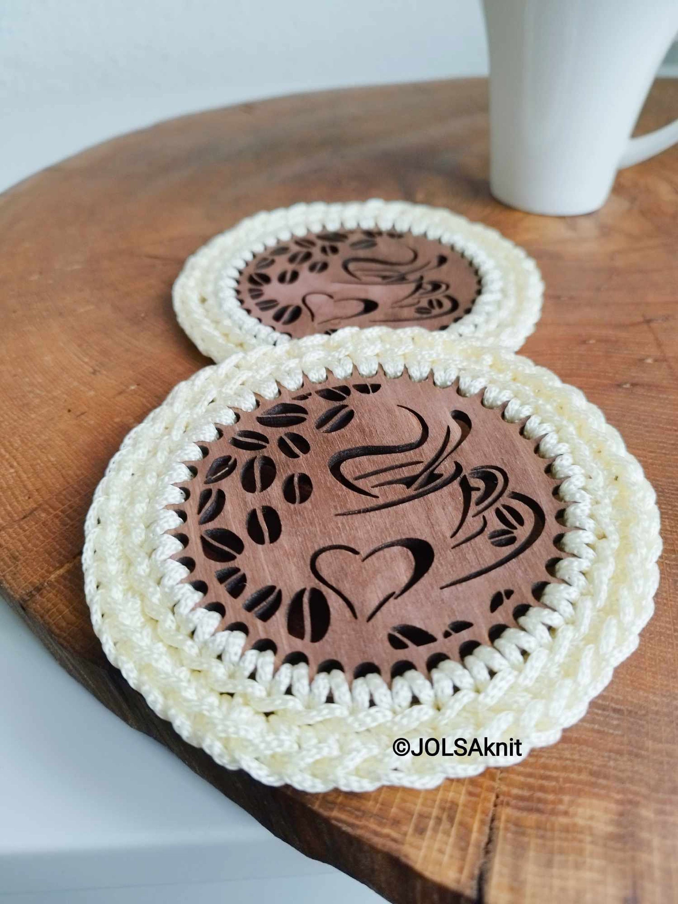 Light Cappuccino Crochet Wooden Coasters, Handmade Round Coffee ...