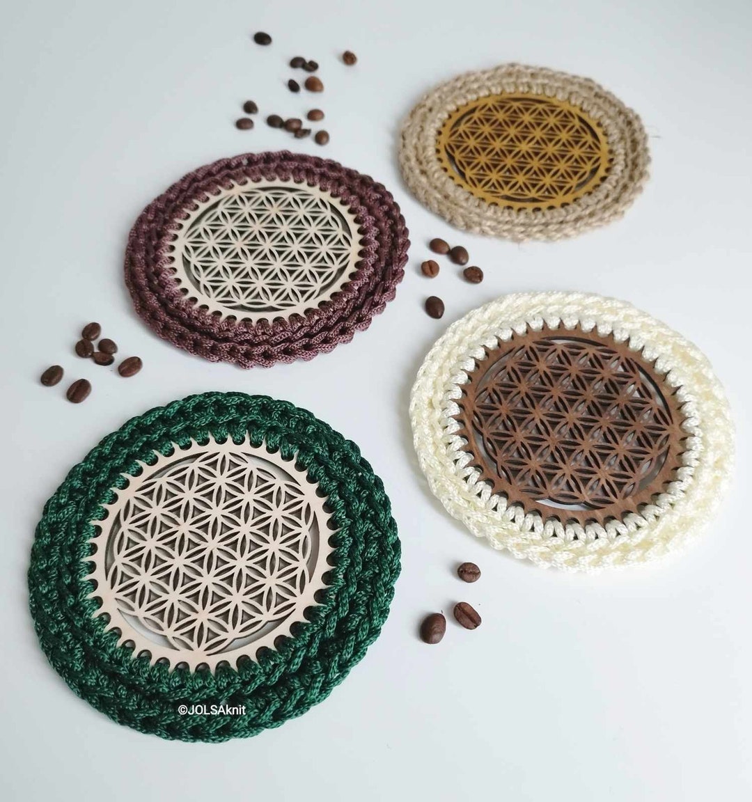 Flower of Life Coasters, Crochet Wooden Coasters, Handmade Round ...