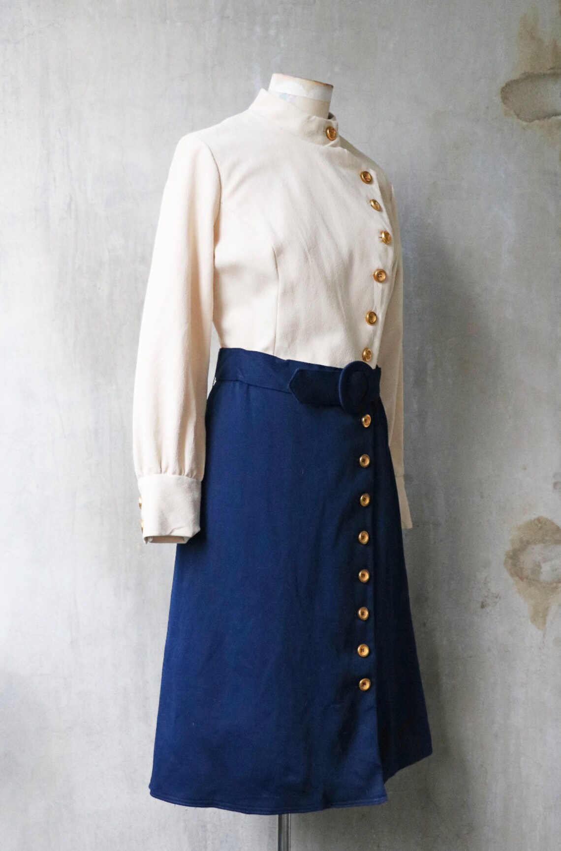 1960s White and Navy Color Block Mod Dress With Golden Buttons - Etsy