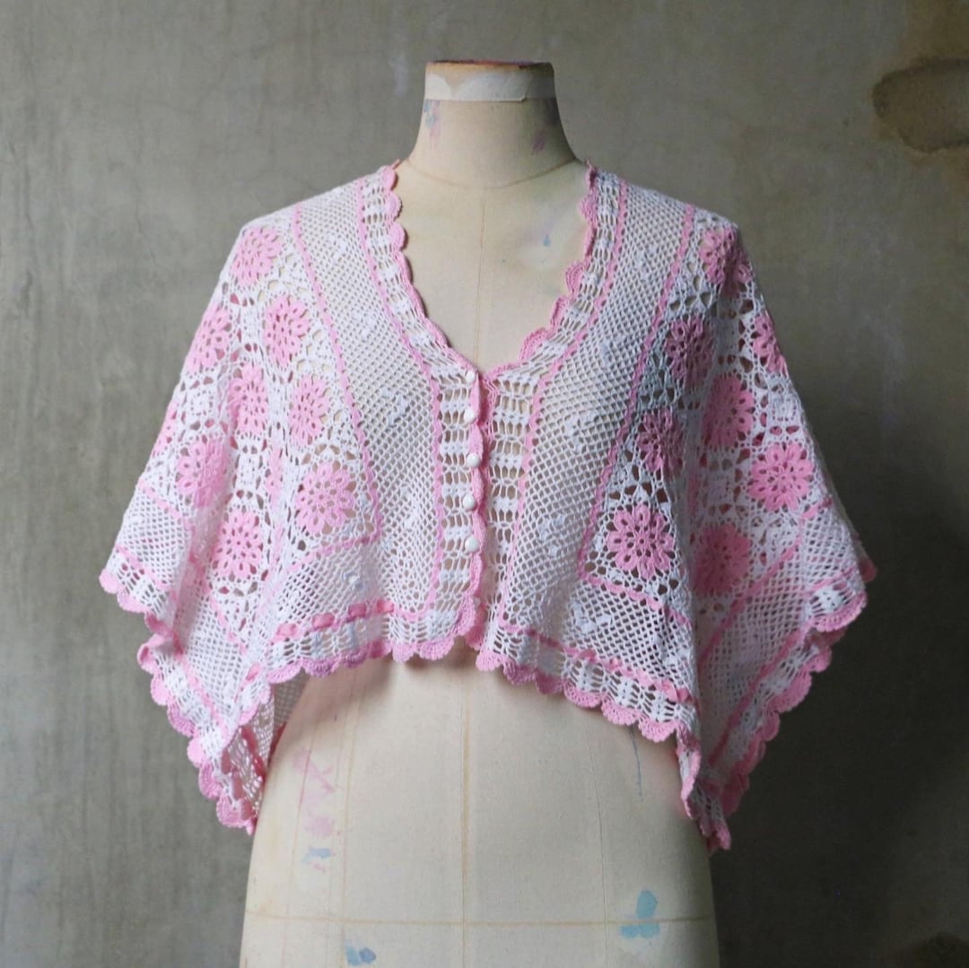 1960s Pink and White Crochet Cropped Jacket - Etsy