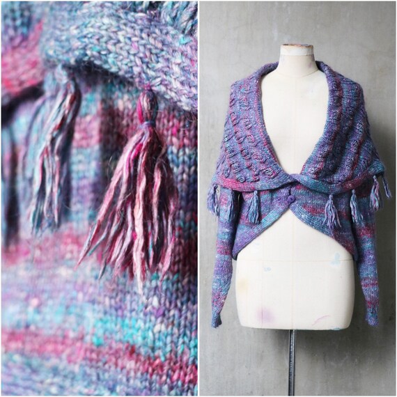 1980s Purple Blue Pink Caplet Fringe Crochet Sweater Jacket - Etsy