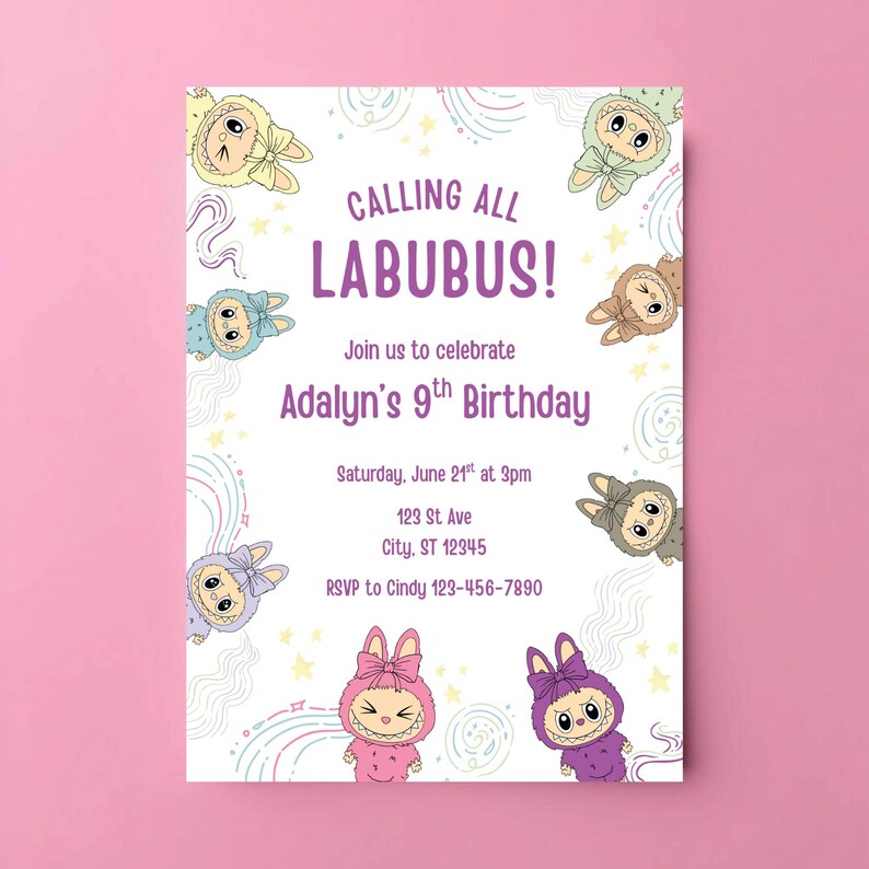 Editable Labubu Birthday Invitation, Kawaii Party, Canva Template ...