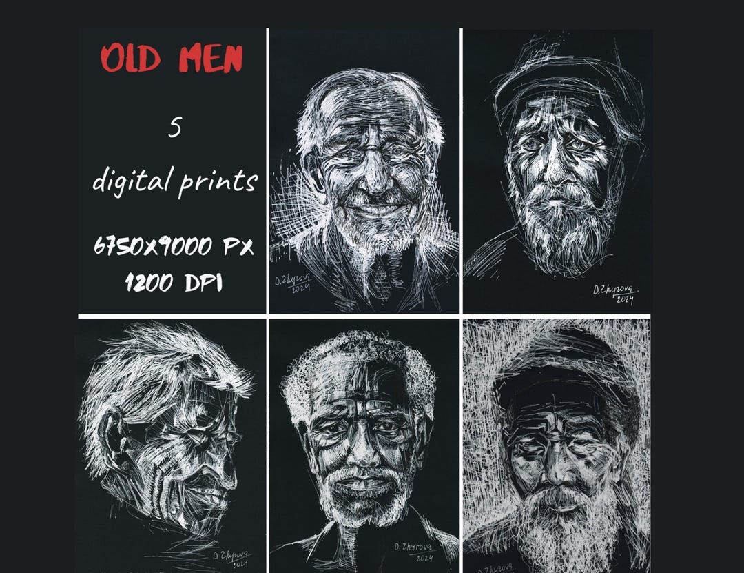 Digital Download Printable Old Man Face Drawing Set, Old Man Sketch ...