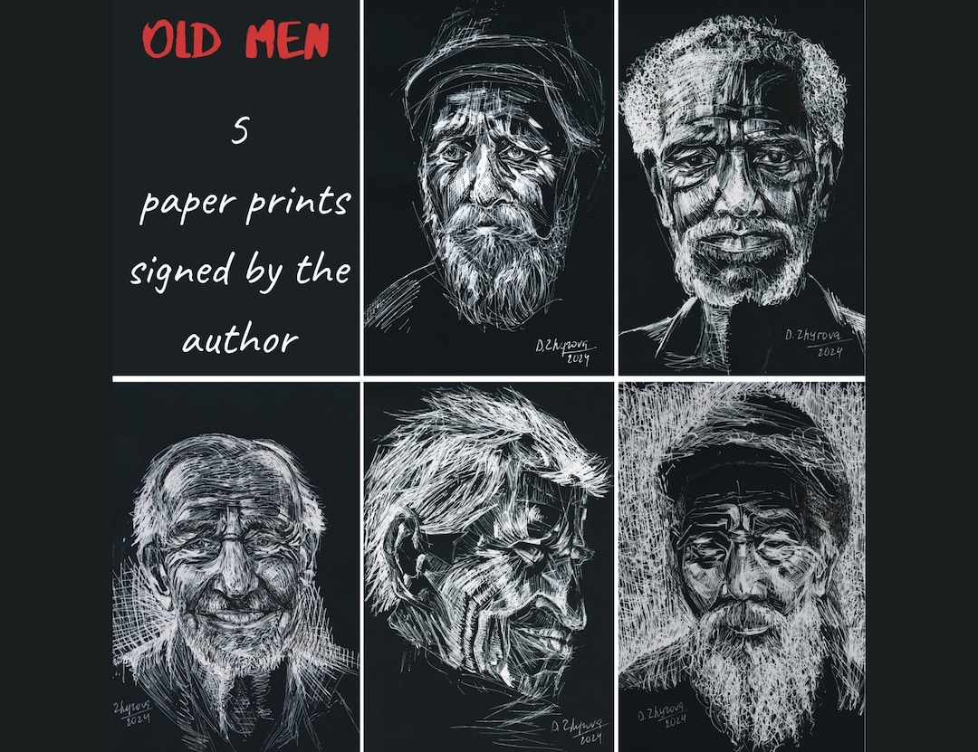 Set of 5 Signed Art Prints Old Man Face Drawing, Old Man Sketch, Old ...
