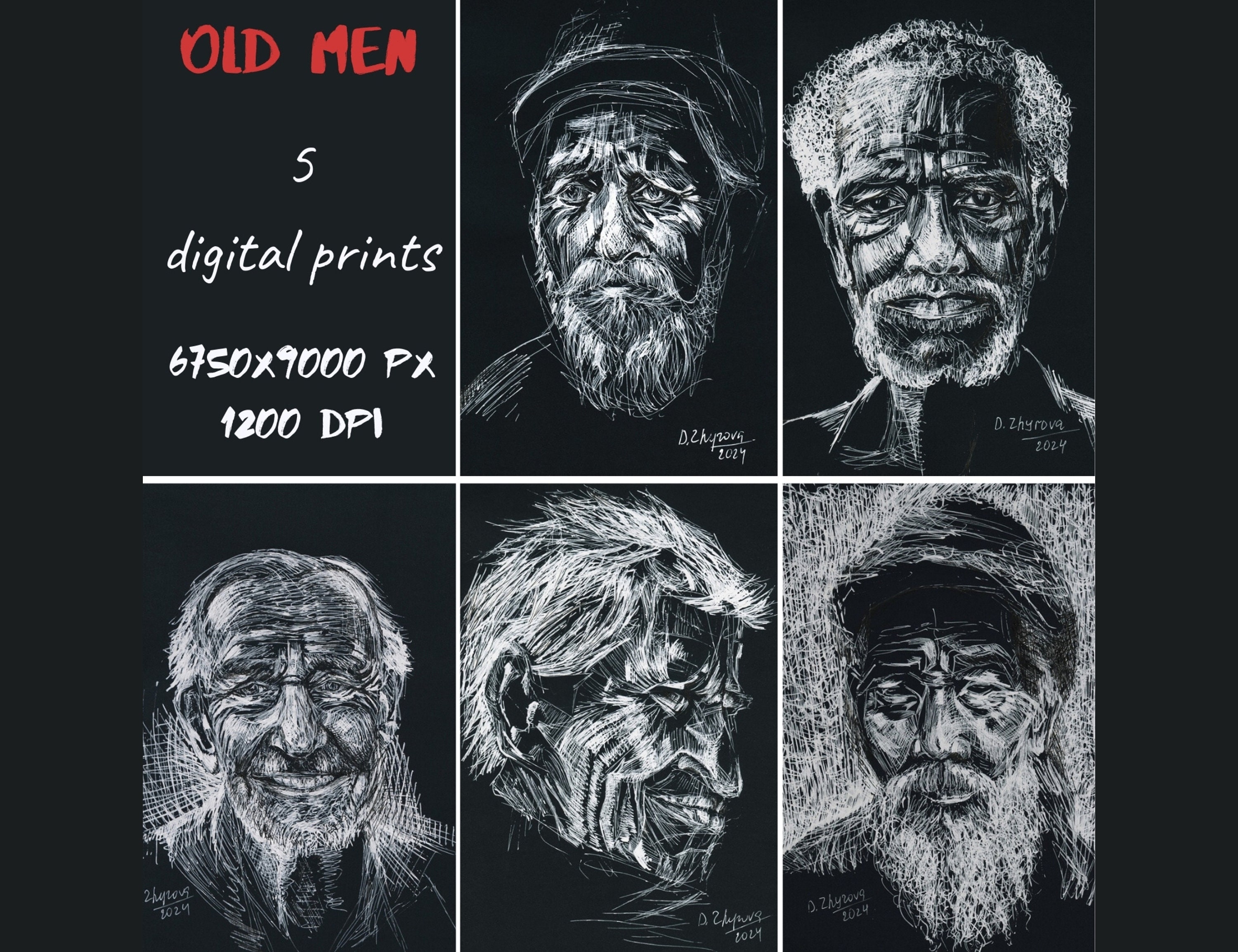 Digital Download Printable Old Man Face Drawing Set, Old Man Sketch ...