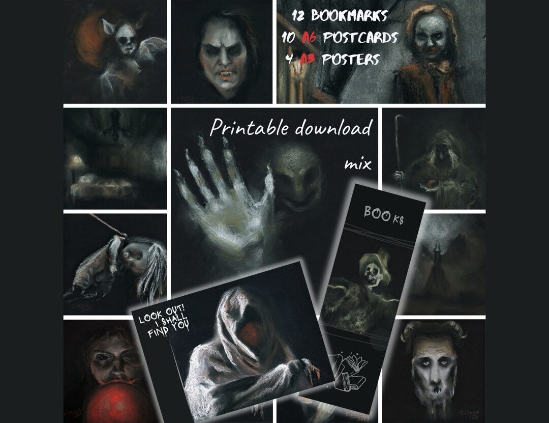 Digital Printable Dark Gothic Art Set: 12 Bookmarks, 10 A6 Postcards, 4 ...
