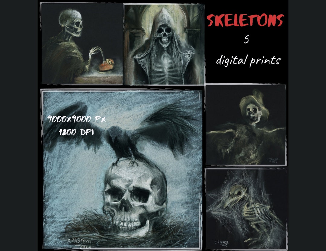 Digital Download Printable Skeletons Gothic Art Set: 5 Original Drawing ...