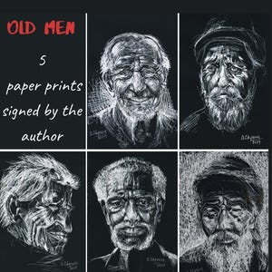 Set of 5 Signed Art Prints Old Man Face Drawing, Old Man Sketch, Old ...