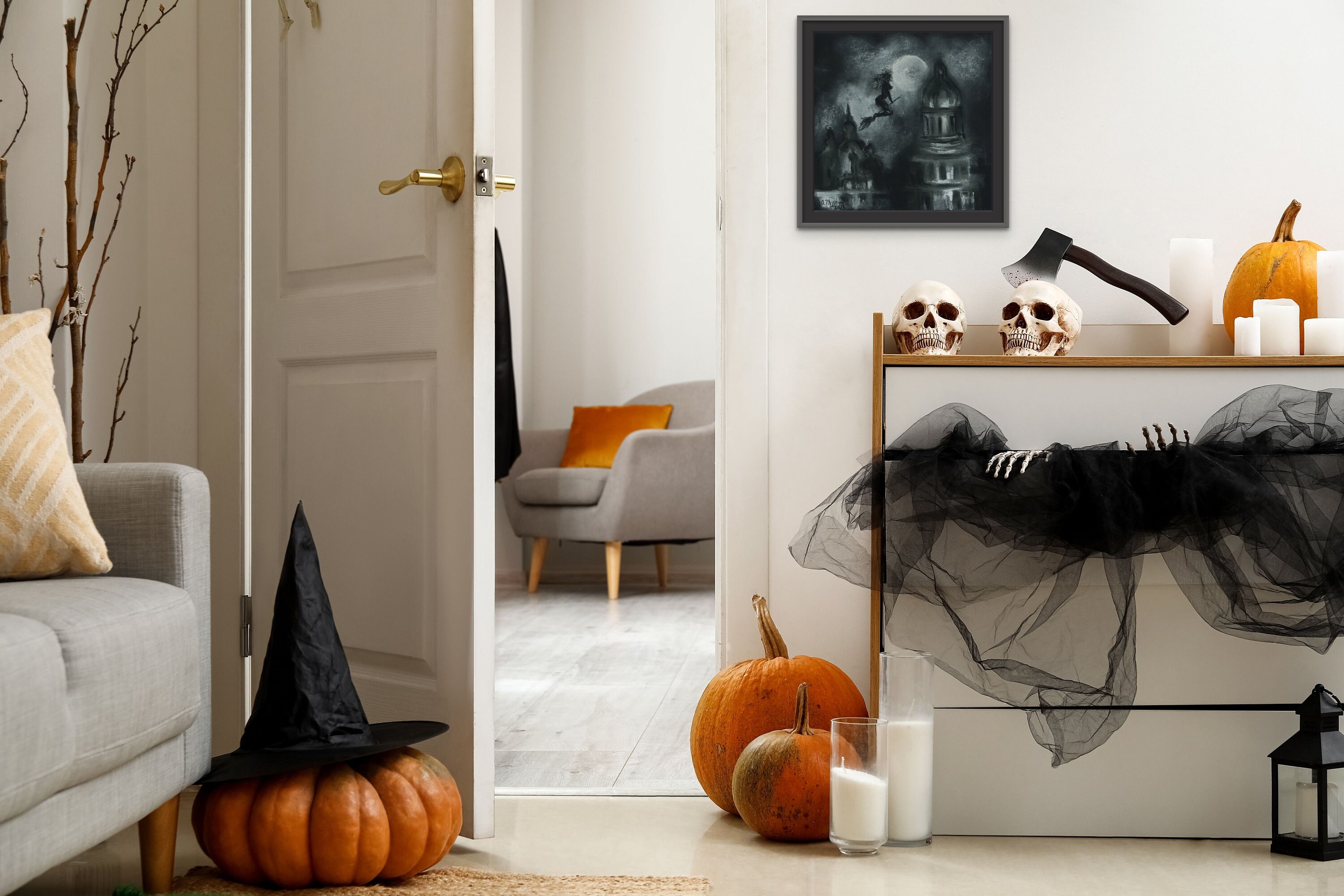 Original Framed Creepy Cute Drawing Halloween Flying - Etsy
