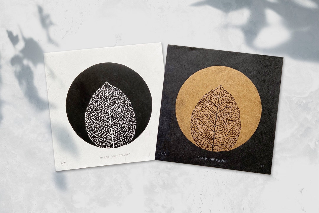 Handprinted Leaf Linocut Art Print, Gold & Silver Highlights - Etsy