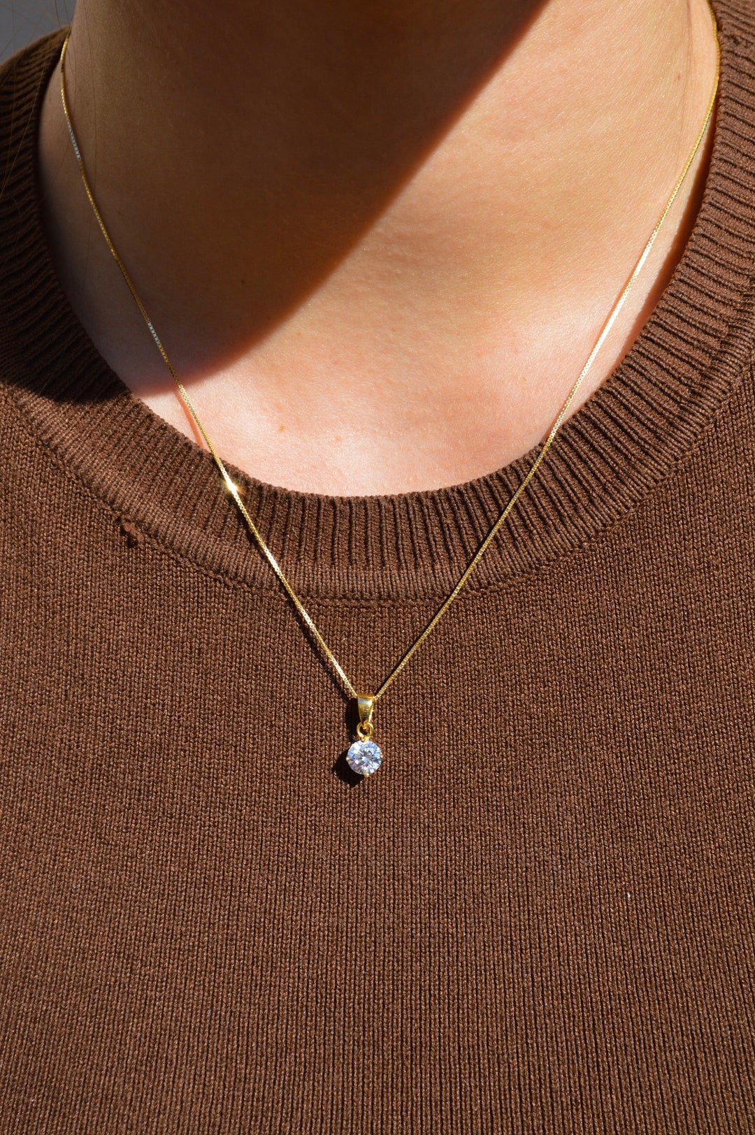 Collana solitario in argento 925 bagnata in oro 18 carati zircone ...