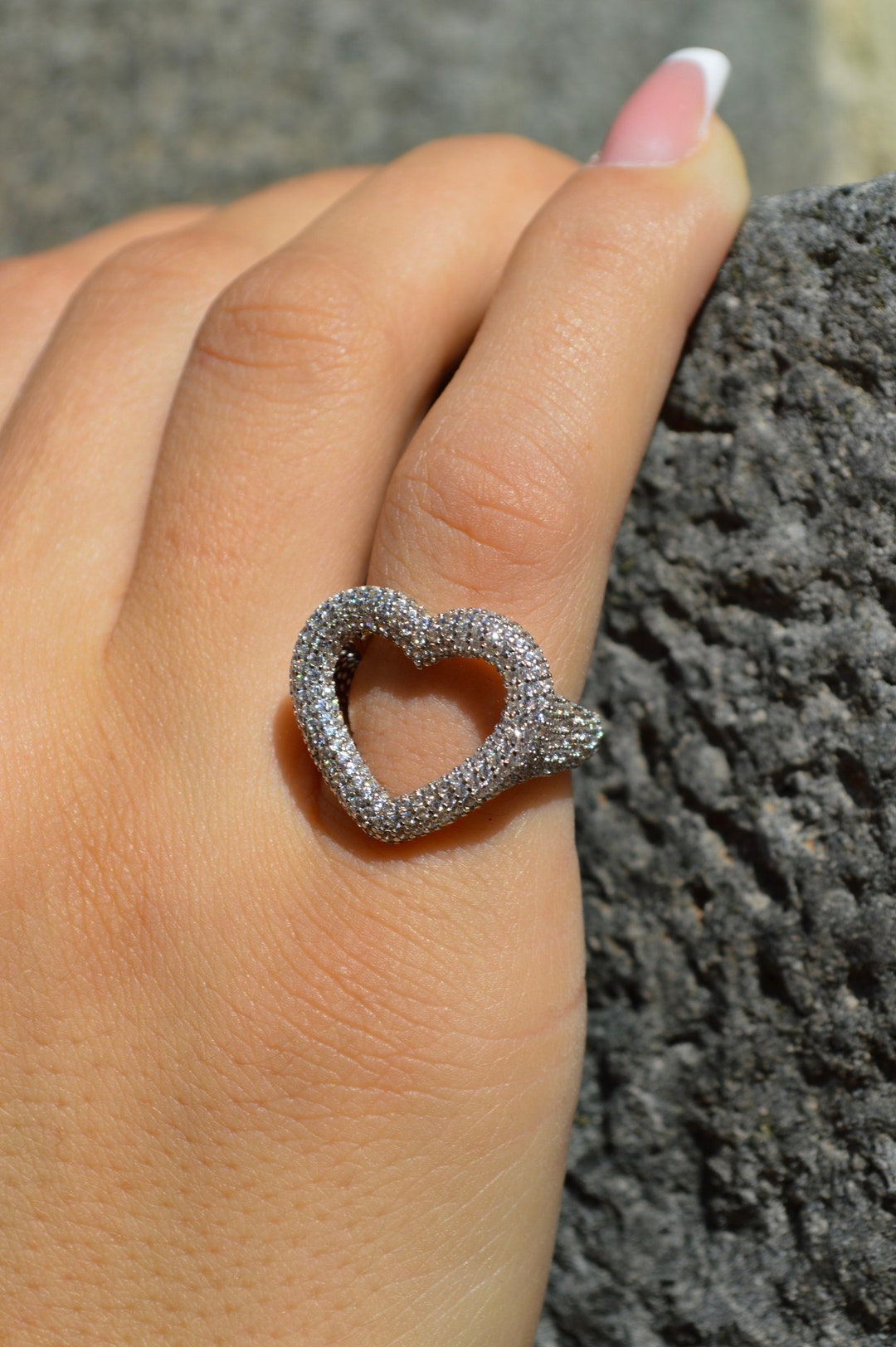 Pave Openwork Heart Ring in 925 Silver With White Zircons, Large Wire ...