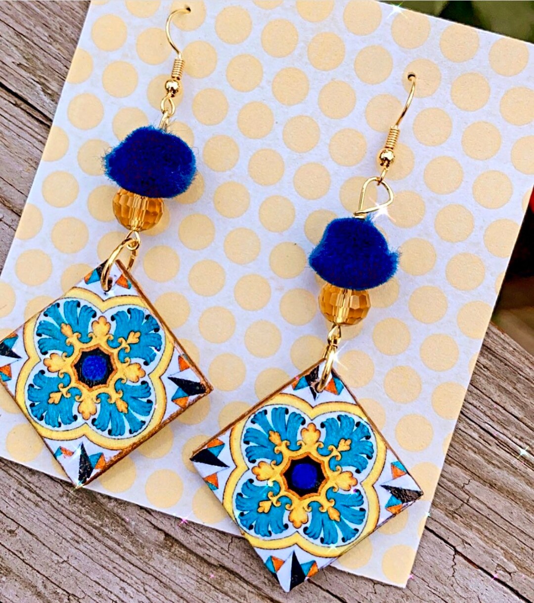Majolica Wooden Tile Earrings - Etsy