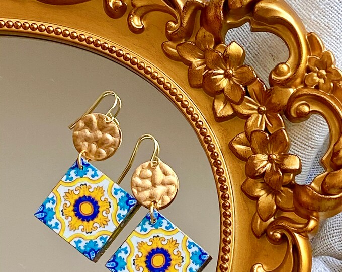 Wooden Tile Earrings With Vintage Brass - Etsy