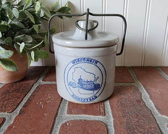 Vintage Cheese Crock With Lid ~ Original Label, Blue and Grey, Sponge ...
