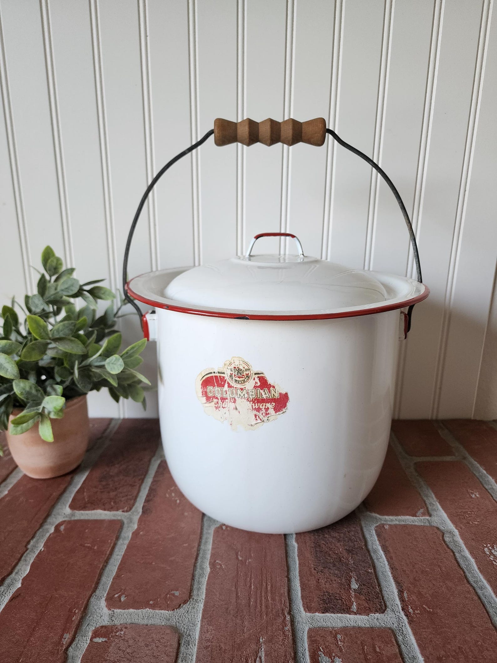 Vintage Enamelware Pot - Red Rim With Lid and Wood Handle - Etsy