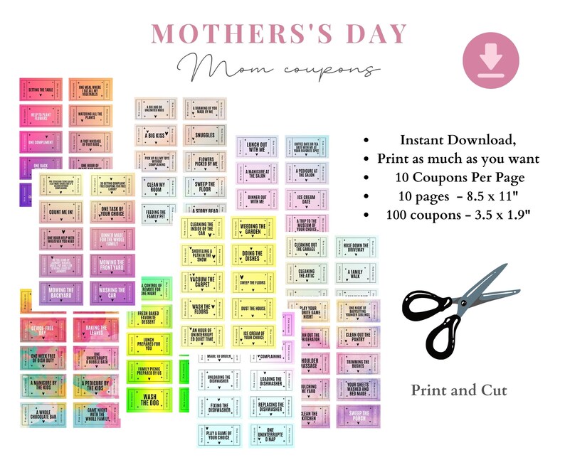 100 Mother's Day Coupons, Printable Mothers Day Coupons, DIY Gift PDF ...