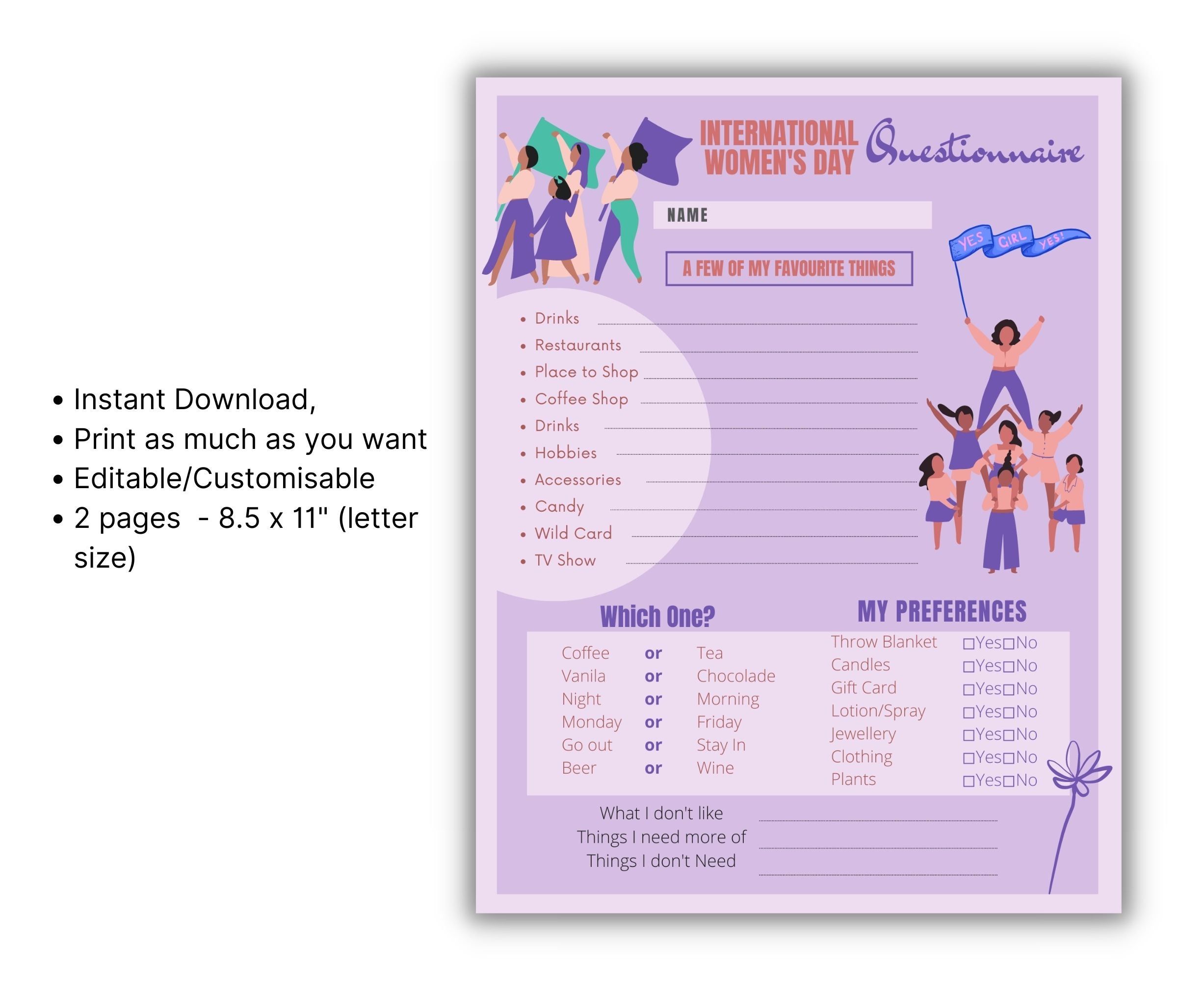 International Women's Day Questionnaire, Happy Women's Day Editable ...
