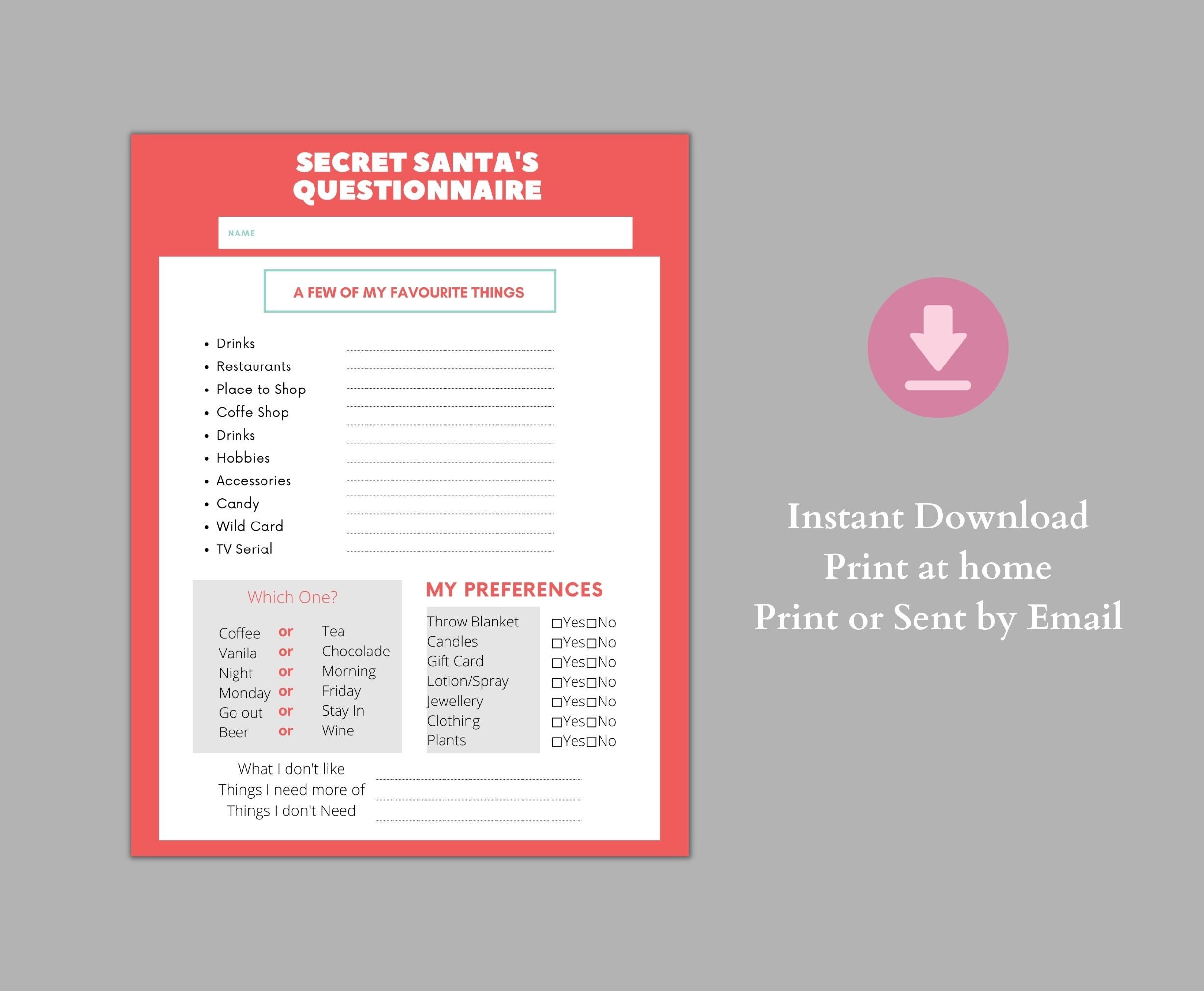 Secret Santa Questionnaire, Gift Exchange Printable PDF, Christmas ...