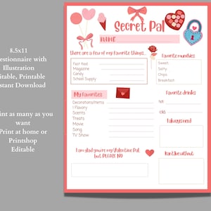 Valentine's Day Secret Pal Questionnaire, Printable Gift Exchange Wish ...