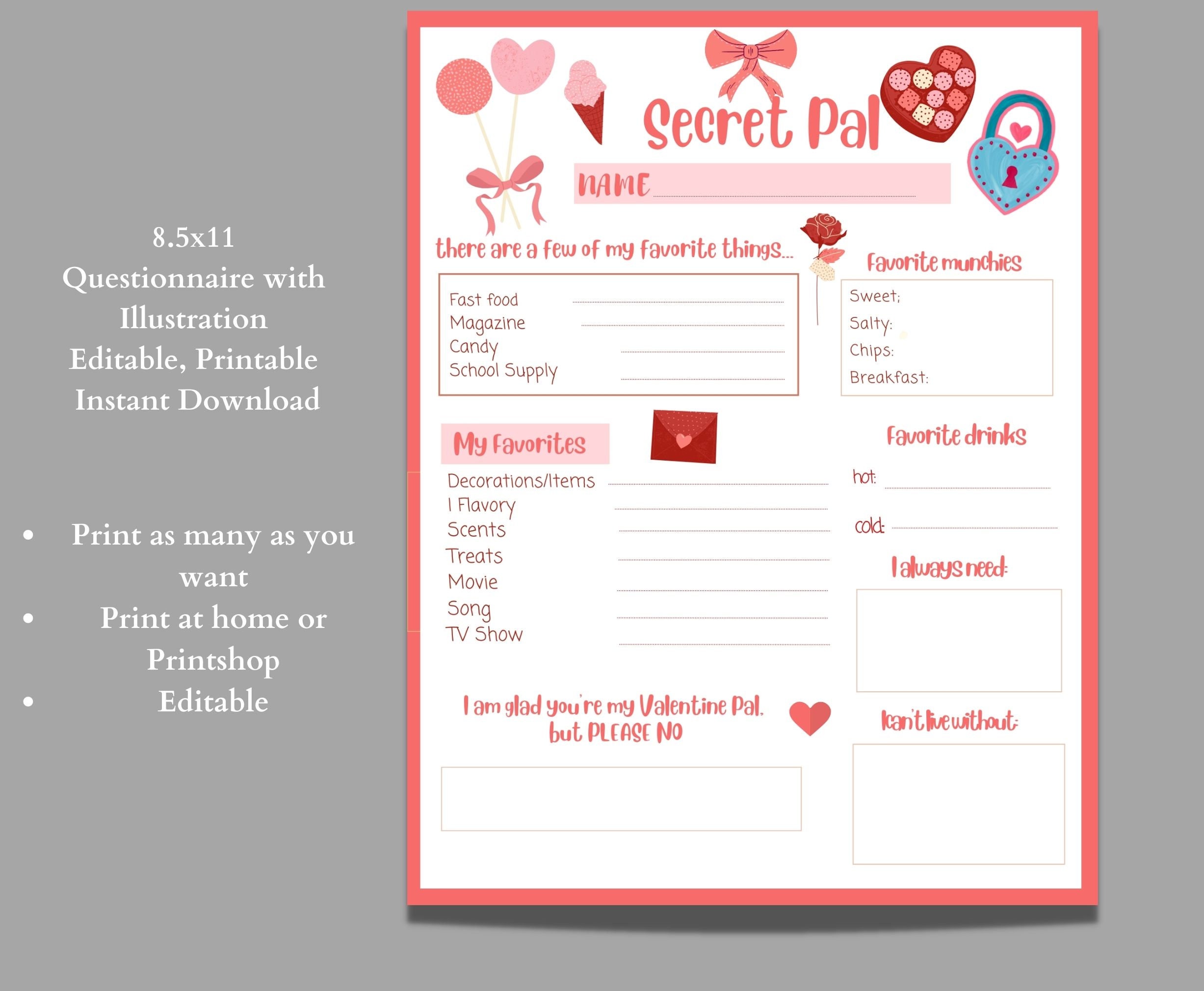 Valentine's Day Secret Pal Questionnaire, Printable Gift Exchange Wish ...
