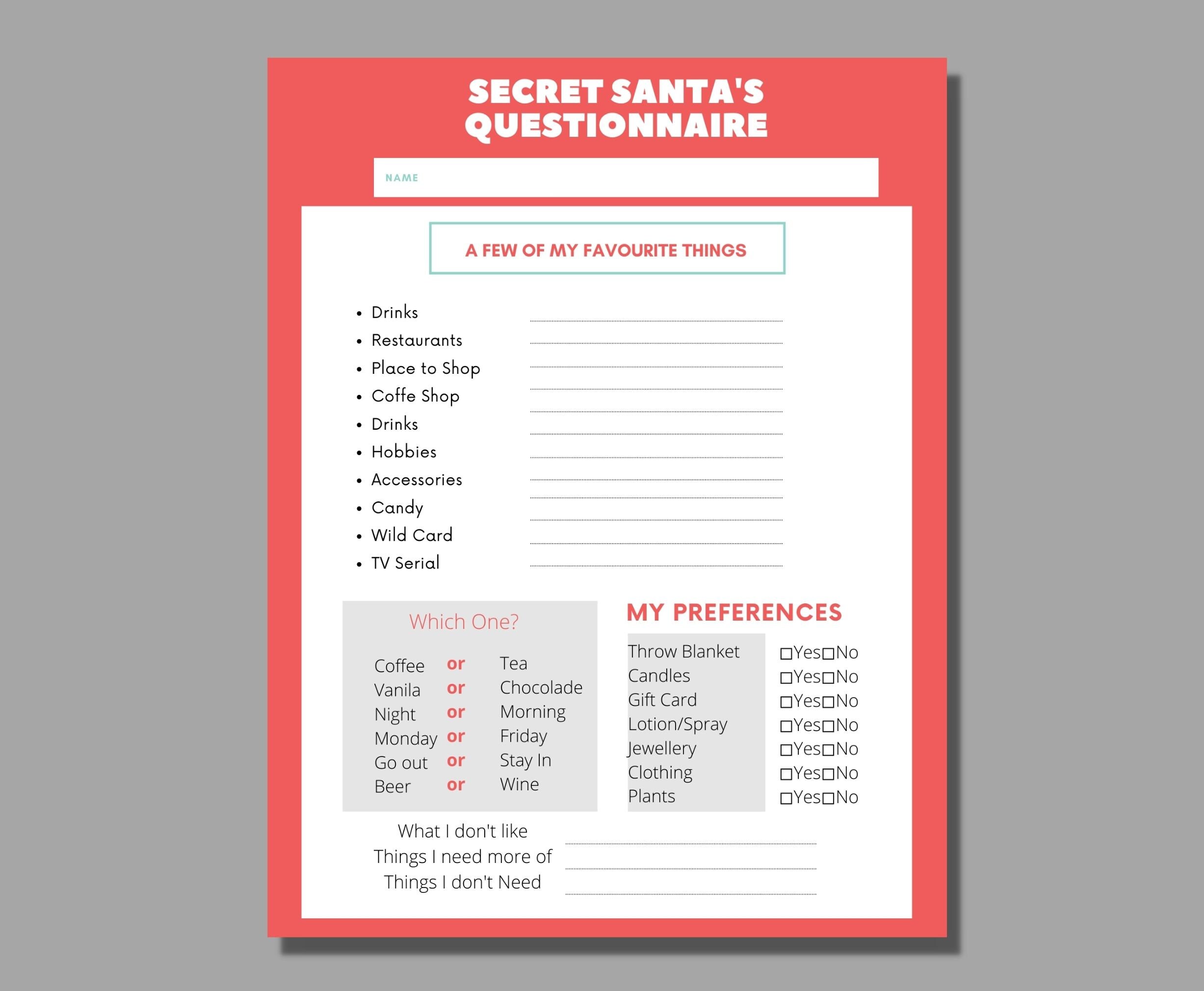 Secret Santa Questionnaire, Gift Exchange Printable PDF, Christmas ...