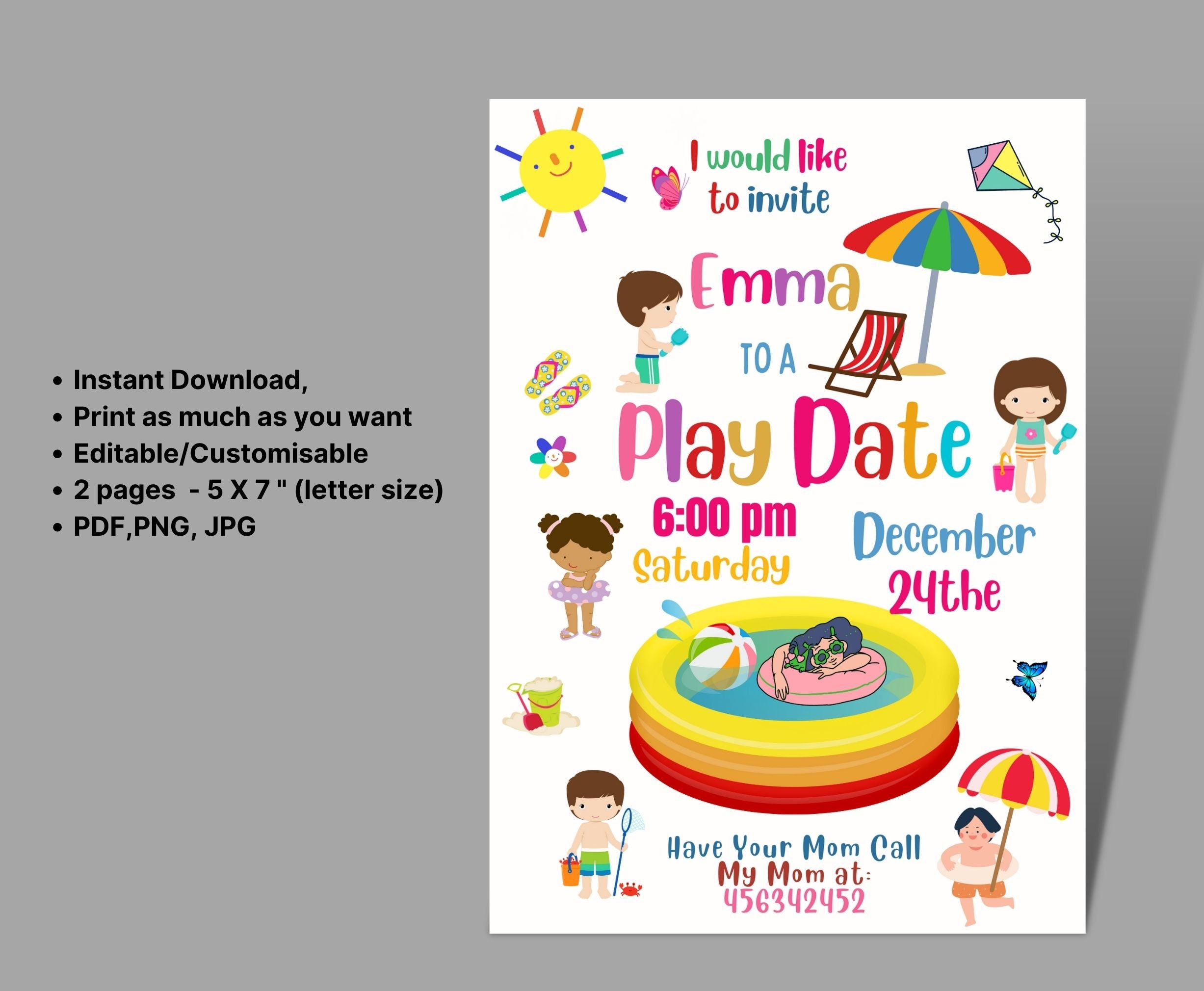 Summer Playdate Invitation, Let’s Play! Play Date Invitation Cards, Pool Party Invitation. Pool ...