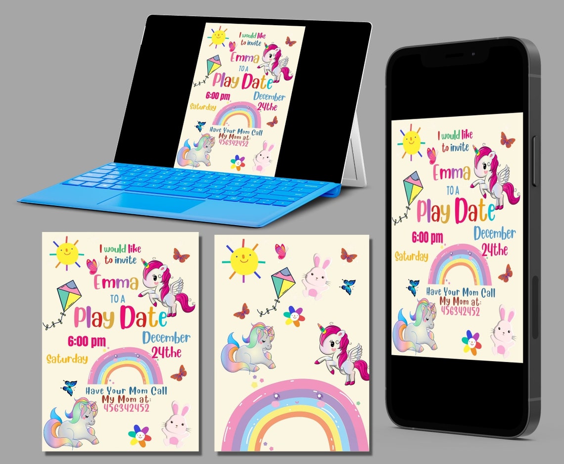 Playdate Invitation Template Editable Printable Playdate Card, Unicorn ...