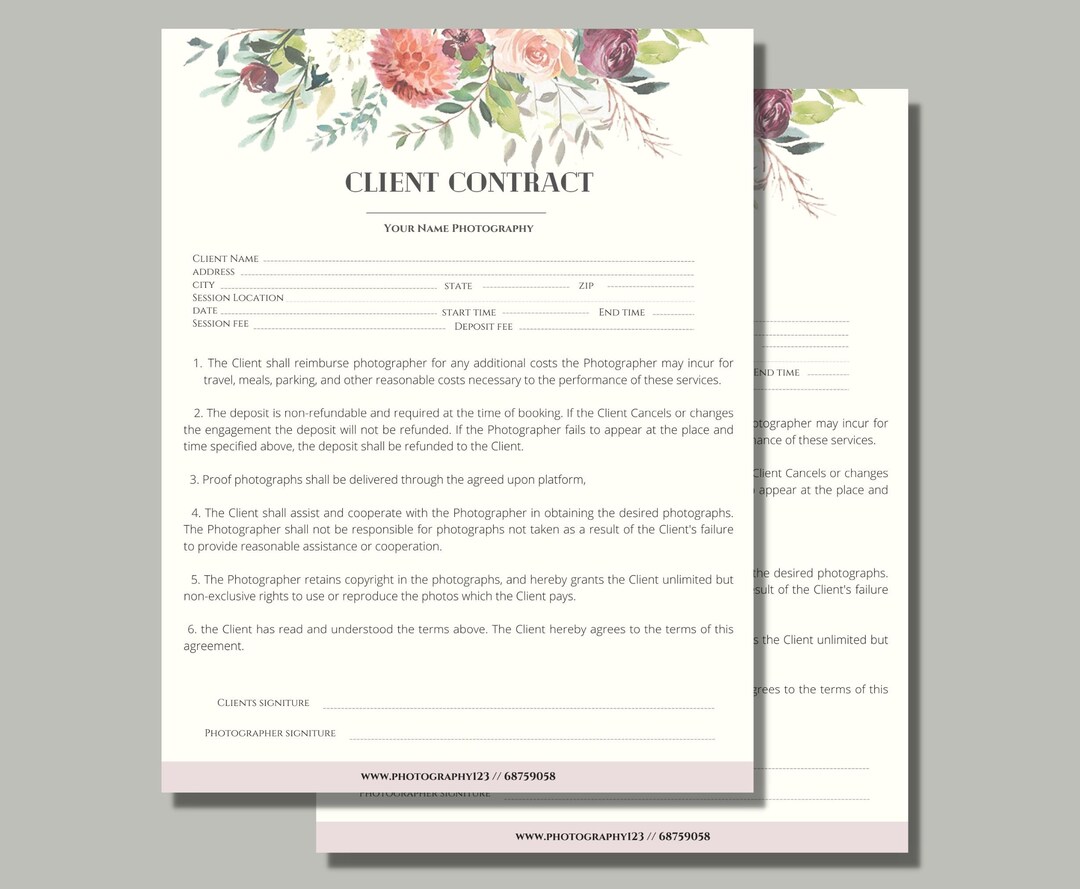 Client Contract Template, Photography Form for Photographers, Client ...
