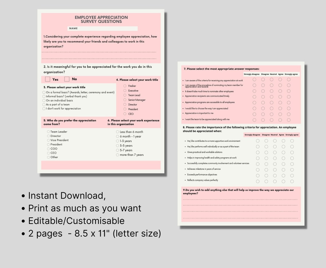 Employee Appreciation Survey Questionnaire Template, Employee ...
