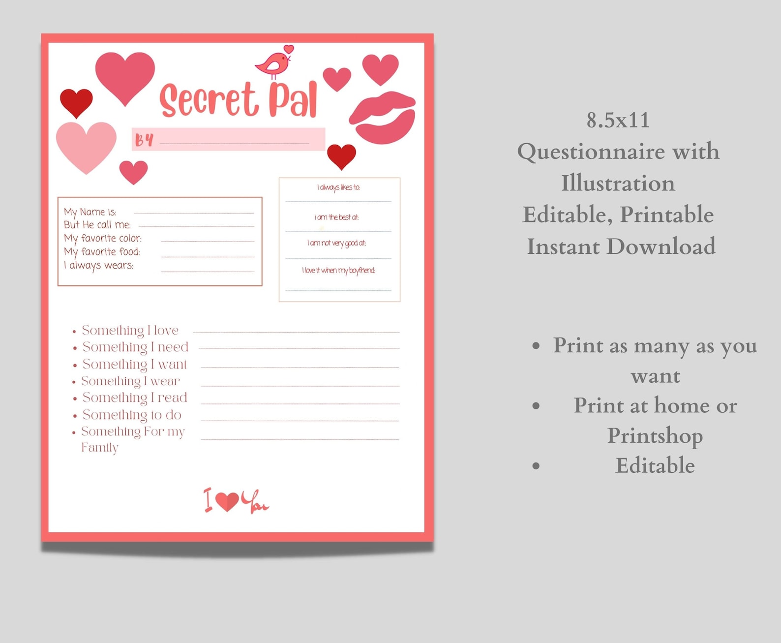 Valentine's Day Secret Pal Questionnaire, Printable Gift Exchange Wish ...