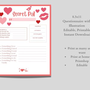 Valentine's Day Secret Pal Questionnaire, Printable Gift Exchange Wish ...