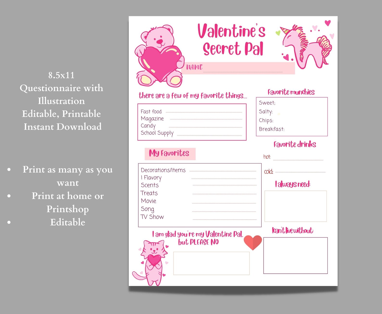 Valentine's Day Secret Pal Questionnaire, Printable Gift Exchange Wish ...