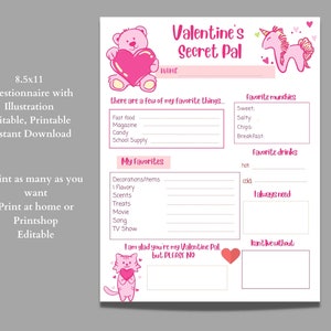 Valentine's Day Secret Pal Questionnaire, Printable Gift Exchange Wish ...