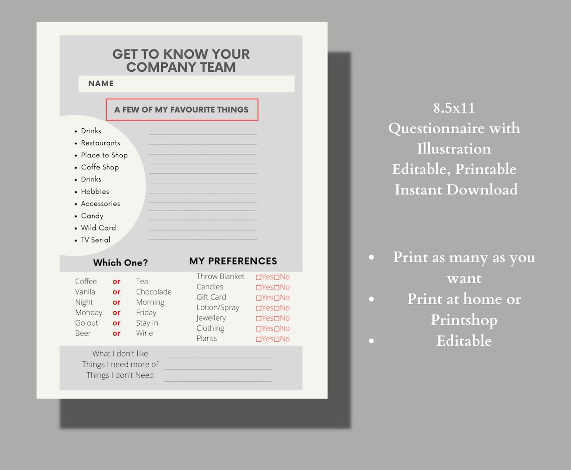 Employee Favorites List Questionnaire, Get to Know Employee, Employee ...