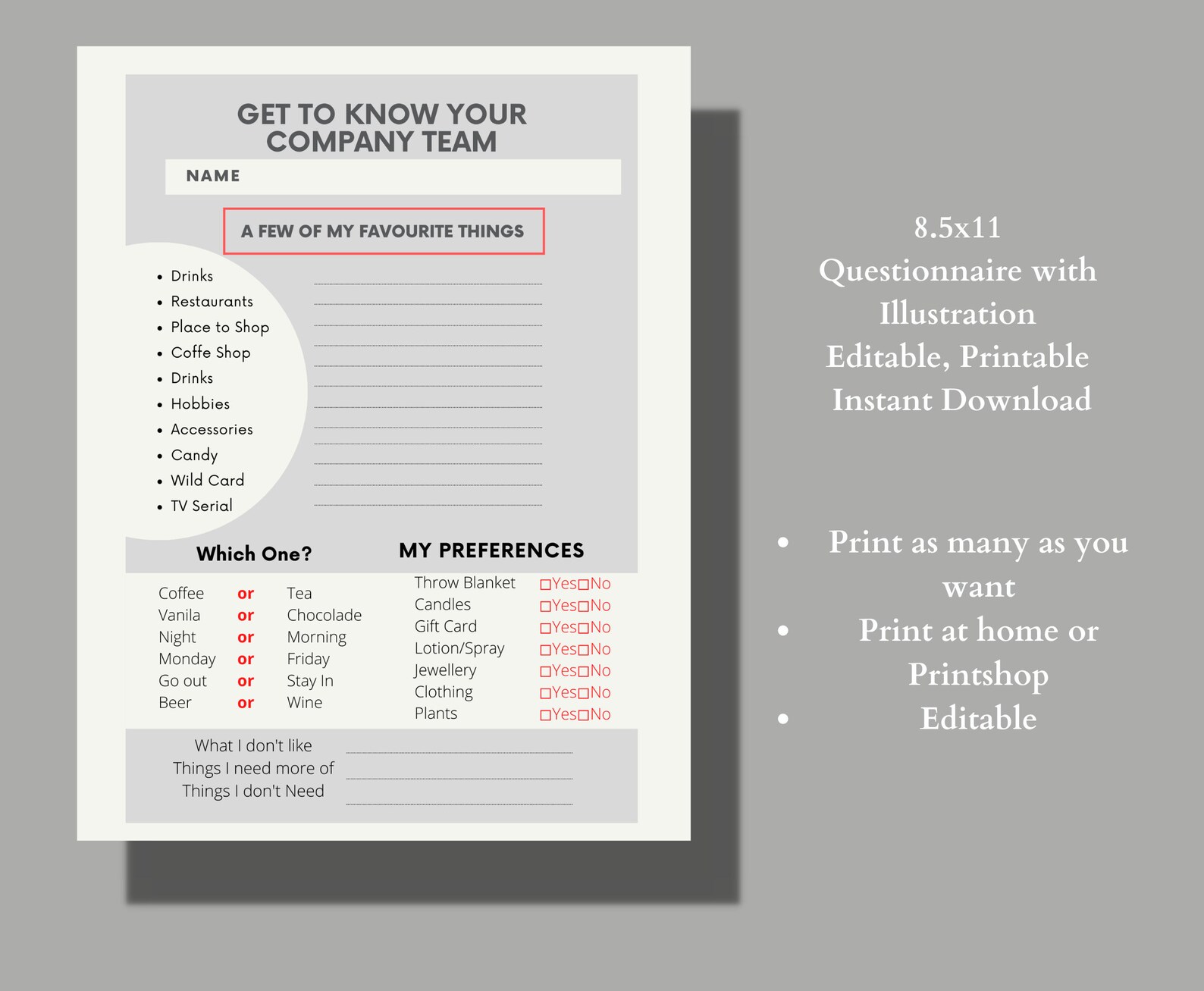 Employee Favorites List Questionnaire, Get to Know Employee, Employee ...