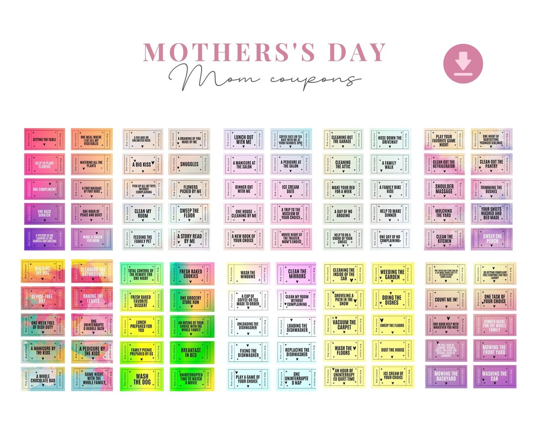 100 Mother's Day Coupons, Printable Mothers Day Coupons, DIY Gift PDF ...