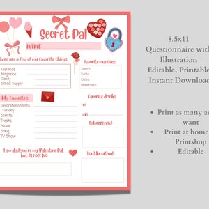 Valentine's Day Secret Pal Questionnaire, Printable Gift Exchange Wish ...