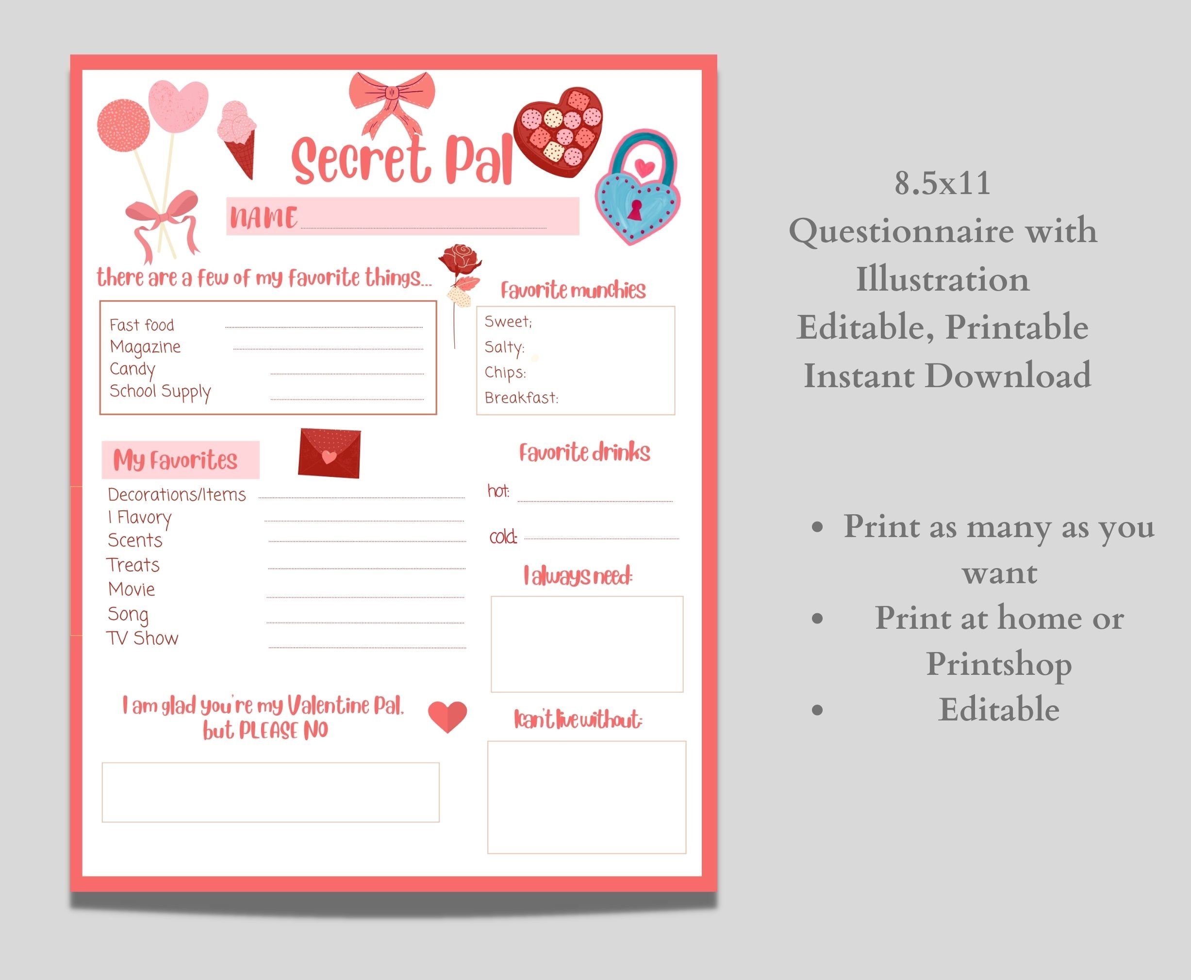 Valentine's Day Secret Pal Questionnaire, Printable Gift Exchange Wish ...