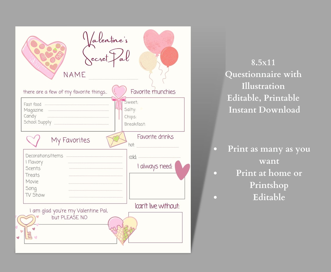 Valentine's Day Secret Pal Questionnaire, Printable Gift Exchange Wish ...