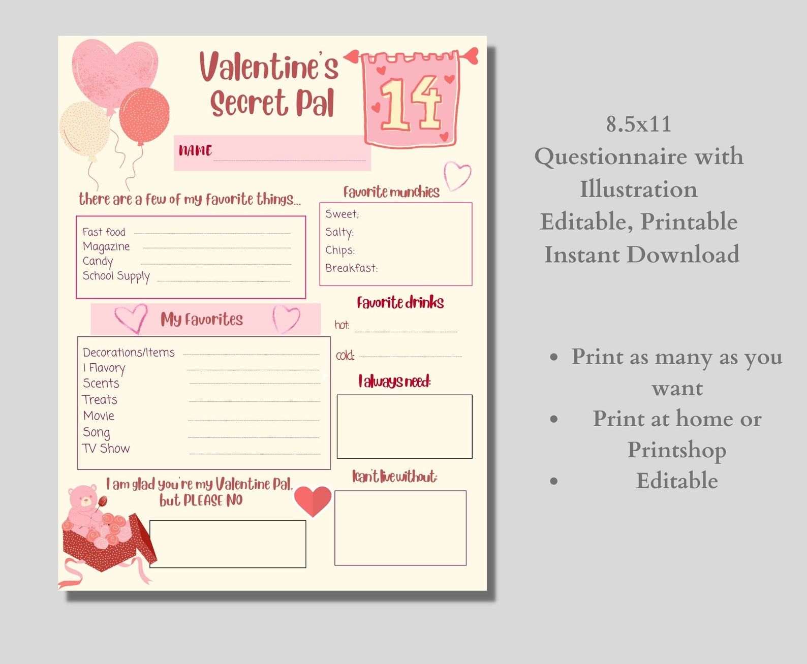 Valentine's Day Secret Pal Questionnaire, Printable Gift Exchange Wish ...