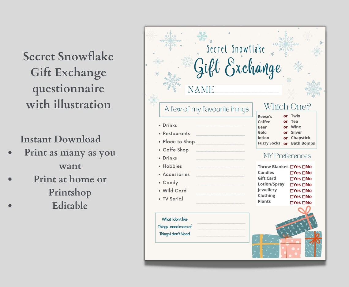 Secret Snowflake Gift Exchange Questionnaire Secret Santa - Etsy Canada