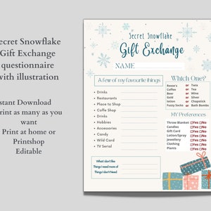 Secret Snowflake Gift Exchange Questionnaire, Secret Santa ...