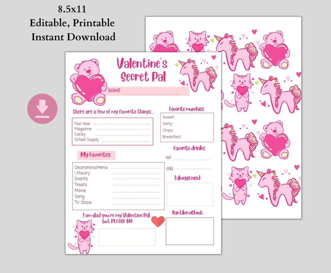 Valentine's Day Secret Pal Questionnaire, Printable Gift Exchange Wish ...