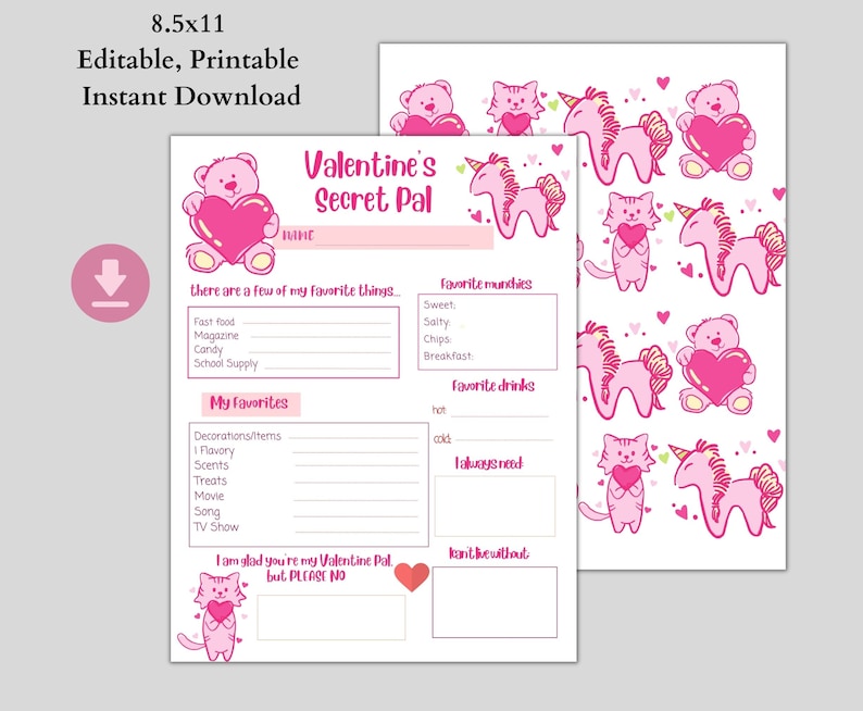 Valentine's Day Secret Pal Questionnaire, Printable Gift Exchange Wish ...