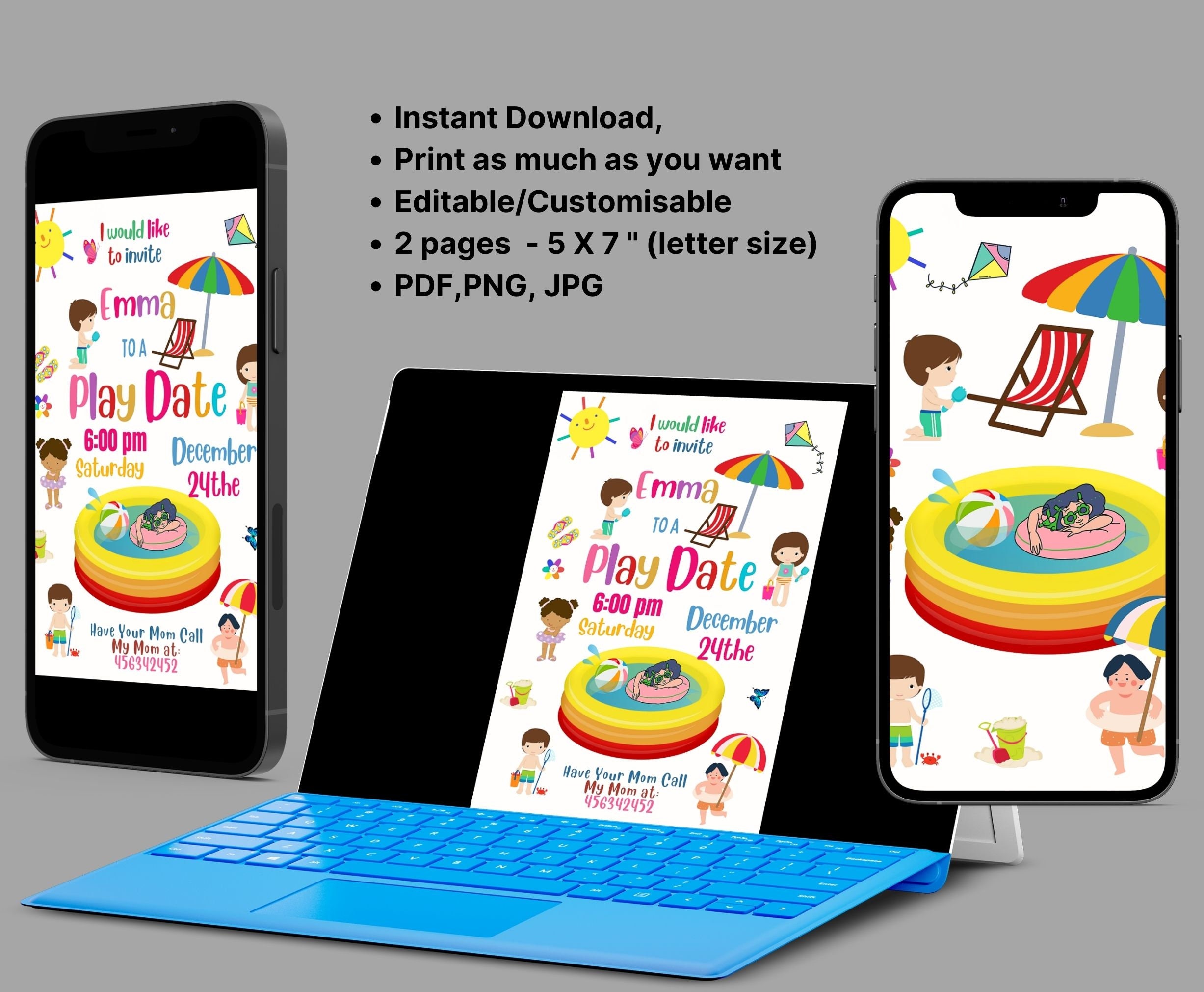 Summer Playdate Invitation, Let’s Play! Play Date Invitation Cards ...