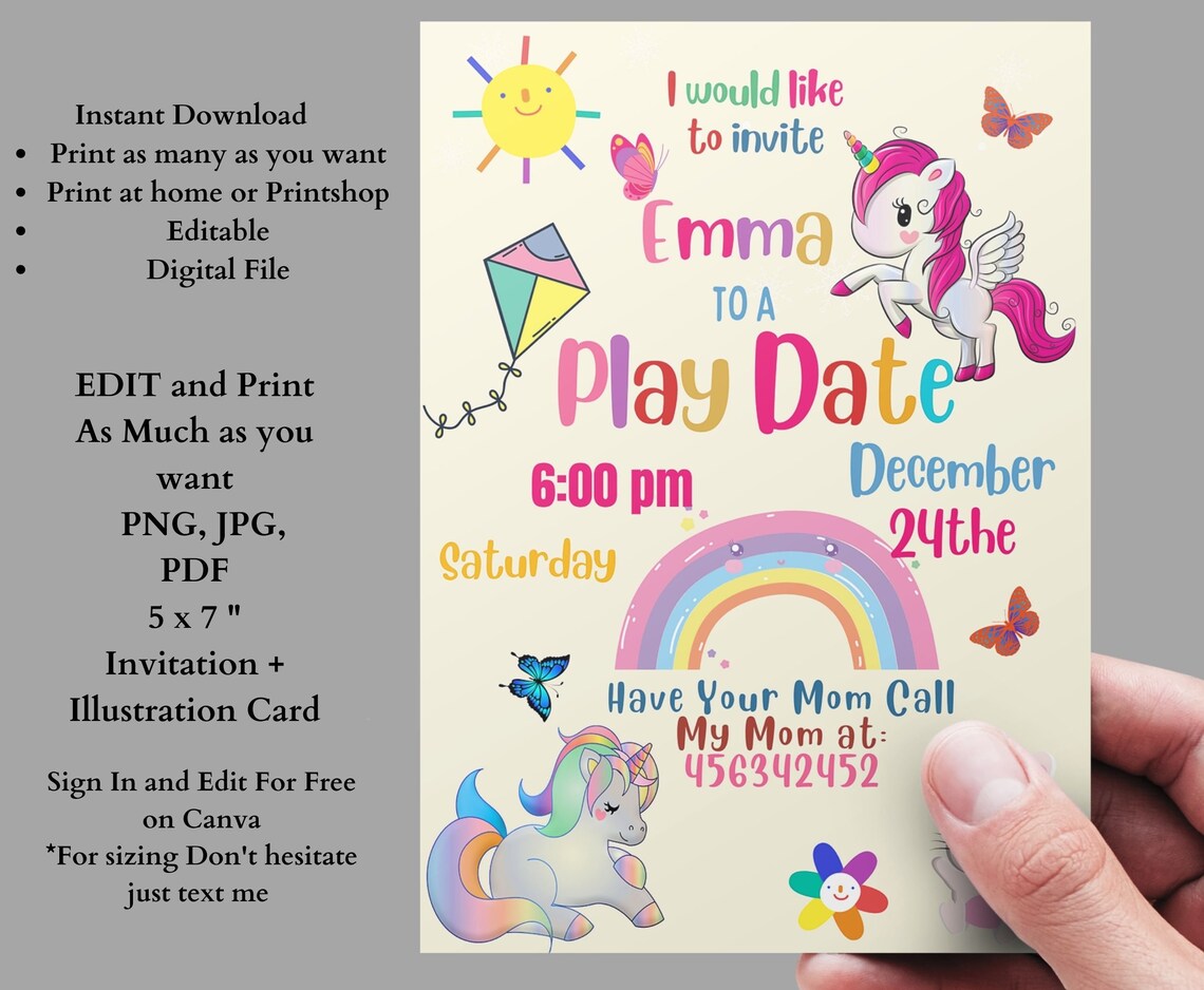 Playdate Invitation Template Editable Printable Playdate Card, Unicorn ...